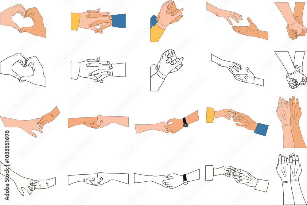 Handshake gestures vector outline illustration icon set. Color Filled ...
