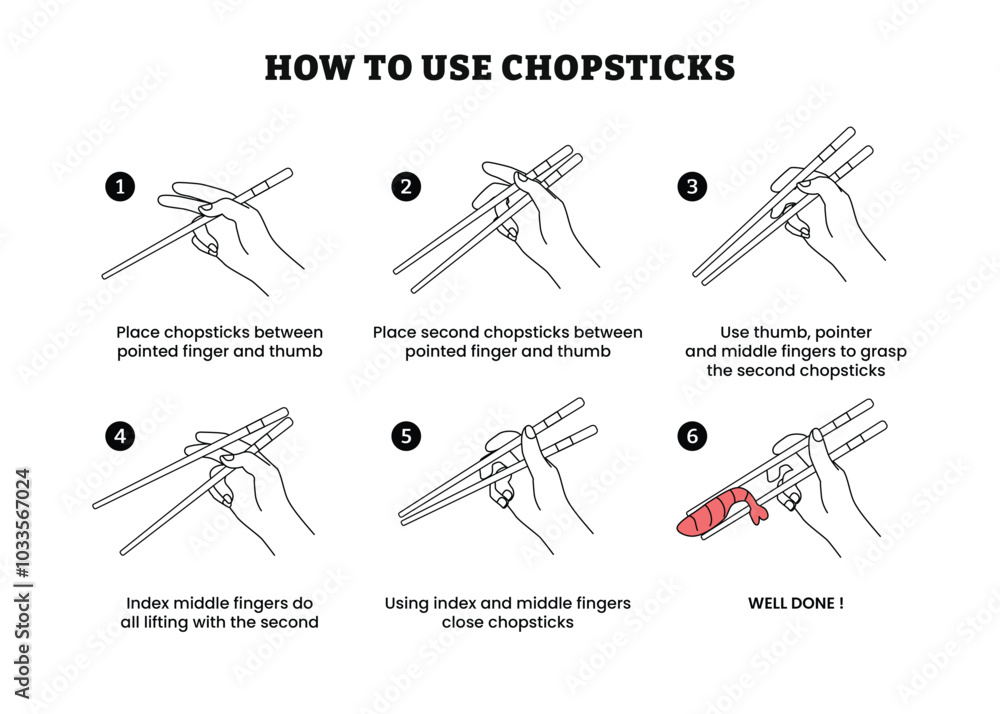 How to use chopsticks step by step instruction infographic poster design, Eating finger gesture ...