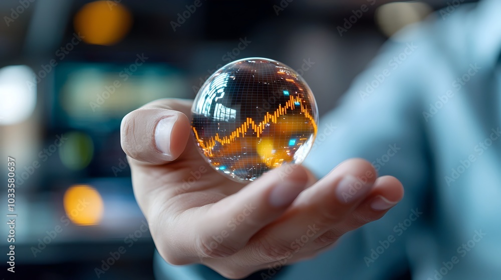 Futuristic economy hub with a holographic sphere displaying rotating ...