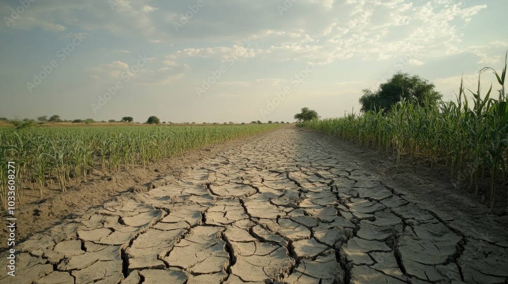 Dried-out land covered in parched, cracked loam soil, where once ...