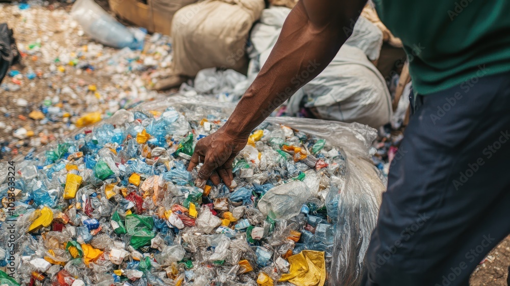 A person sifts through a pile of mixed plastic waste, showcasing the ...