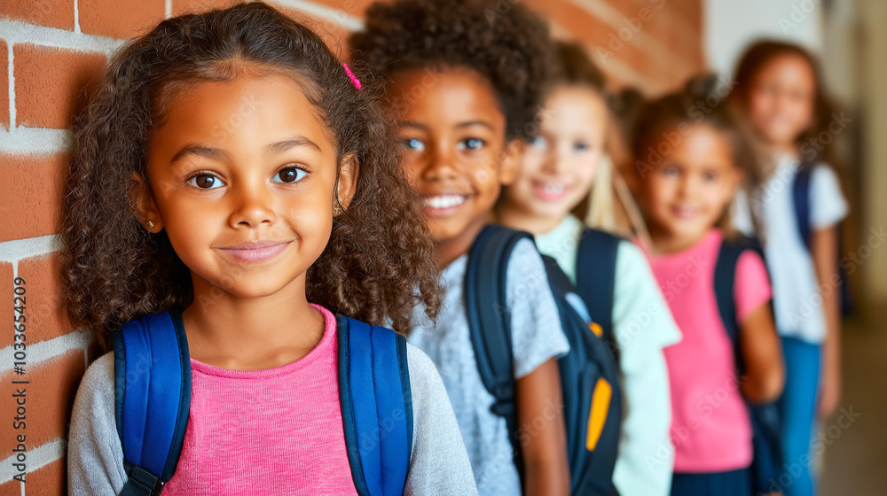 Elementary school students standing in line wearing colorful backpacks ...