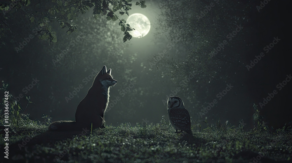 A fox and an owl sitting near each other in the moonlit forest, sharing ...