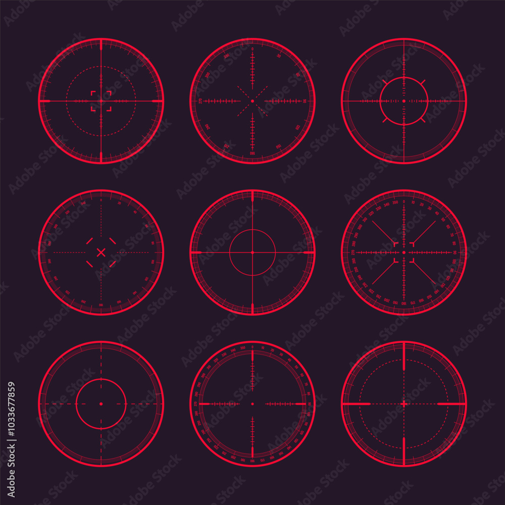 Various sniper rifle sights with degree scale, weapon optical scope ...