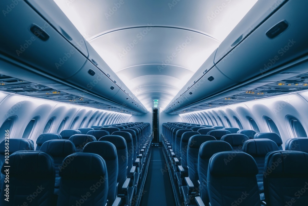 Interior of a modern passenger plane aircraft airplane interior. Stock ...