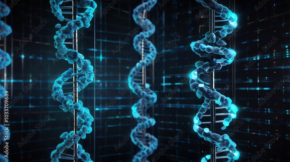 A visualization of DNA transformed into digital code, with interactive holograms displaying ...