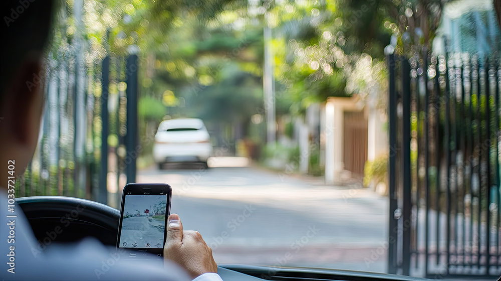 Driver sitting in a car and using a smartphone to open an automatic ...