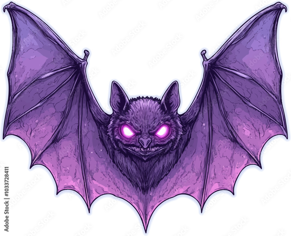 purple bat with glowing red eyes and wide, open wings. The bat's ...