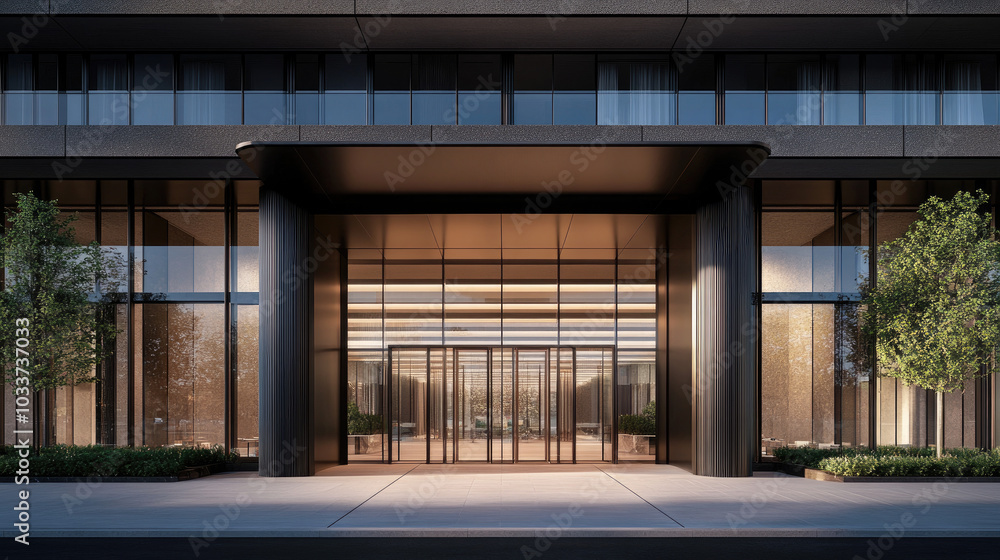 Office building entrance featuring aluminum double doors with tinted ...