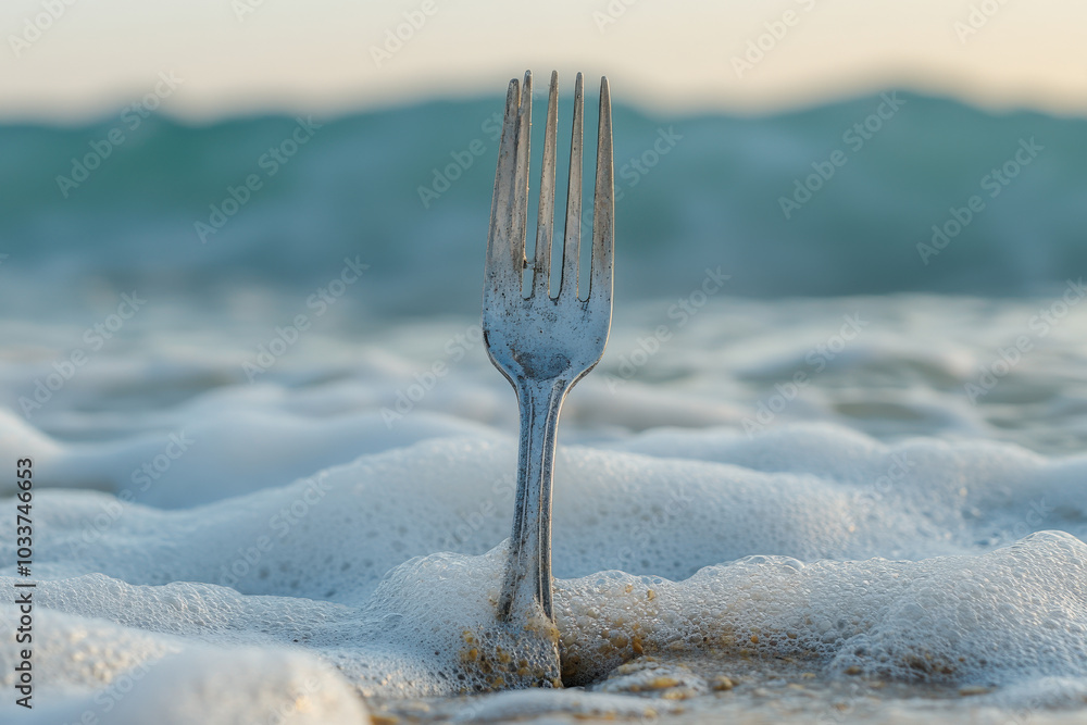Fork in Coastal Foam. An artistic image of a fork standing upright in ...