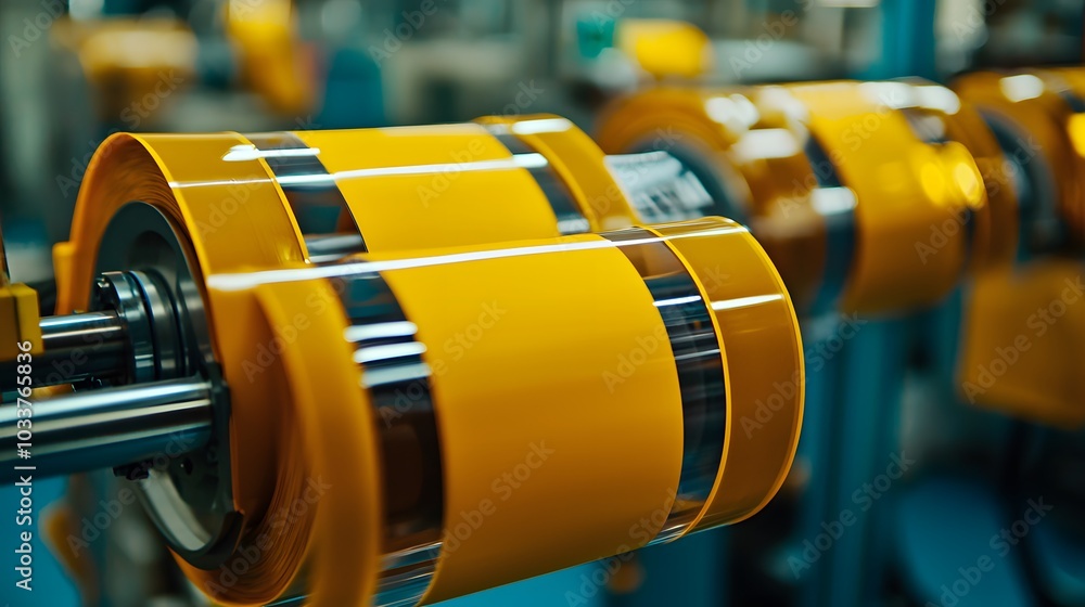 Labeling Process: A label applicator machine precisely placing adhesive ...