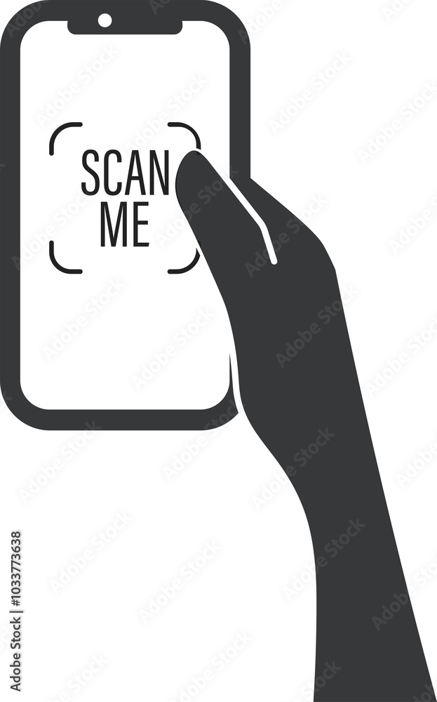 Isolated pictogram illustration hand poiting smartphone camera to QR ...