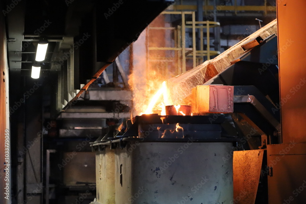 Molten metal pouring into containers in an industrial foundry. High ...