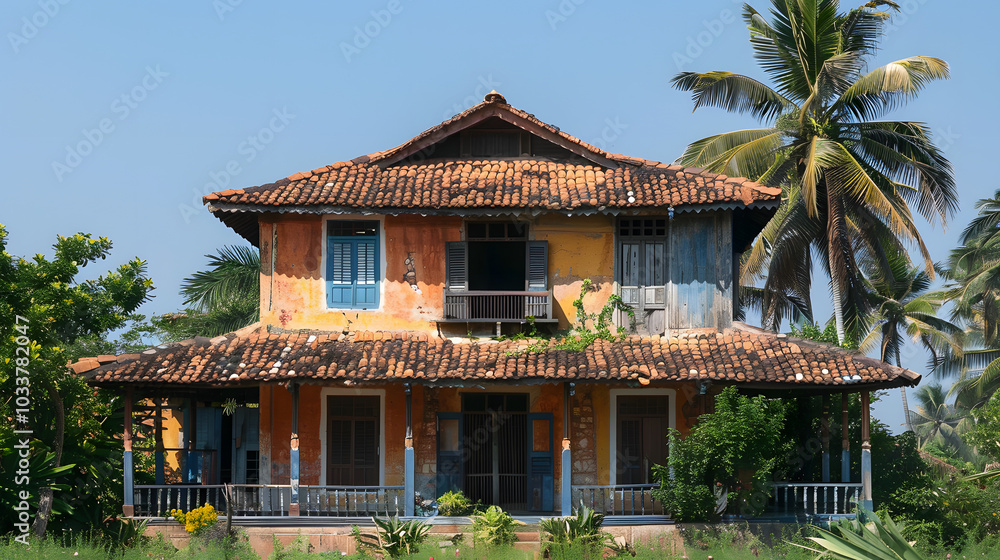 Indian house with traditional roof design at coastal side of ...
