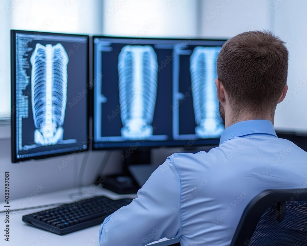 Person performing a simple posture check at their workstation ...