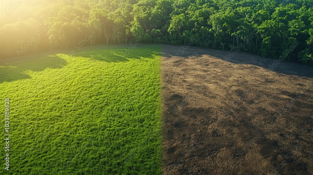 Forested Earth transitioning to desert, representing deforestation and ...