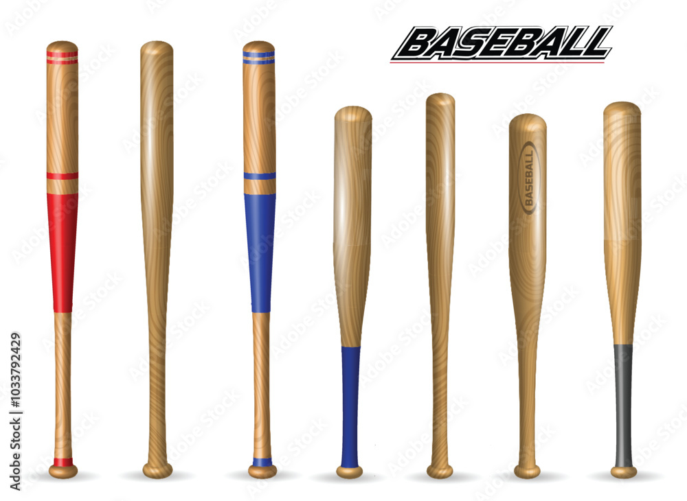 Set illustration of seven wooden baseball bats, each with a unique ...