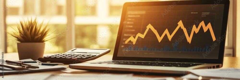 Desk setup with laptop, calculator, papers, and downward trend graph ...