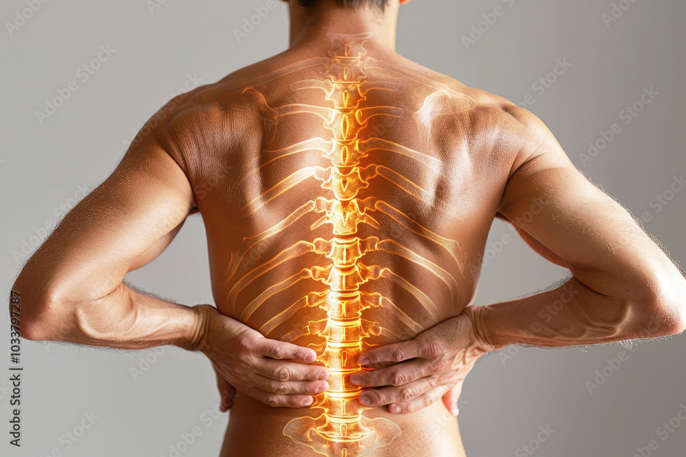 A man holds his back, illustration of the spine, intervertebral pain ...