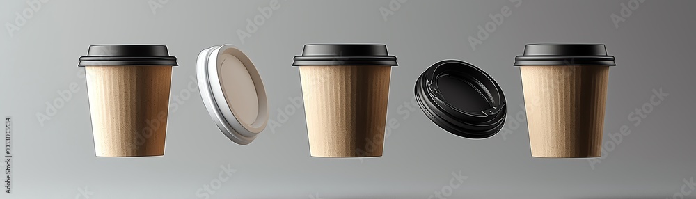Stylish disposable coffee cups displayed in various angles with lids ...