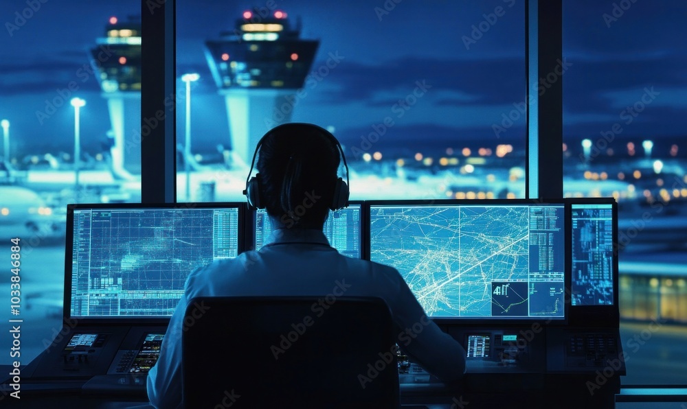 Air Traffic Controller in Modern Control Tower at Night Stock ...