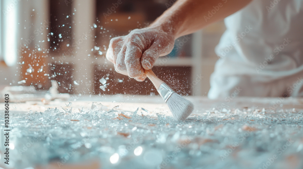 Cleaning shattered glass with brush, forensic investigator carefully ...