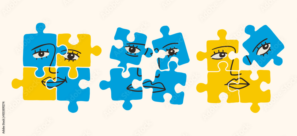 Abstract human Faces on puzzle pieces. Jigsaw puzzle game with face ...
