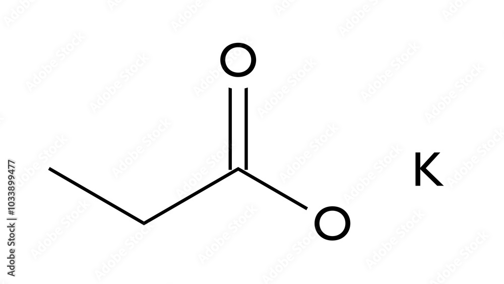 potassium propanoate molecule, structural chemical formula, ball-and ...