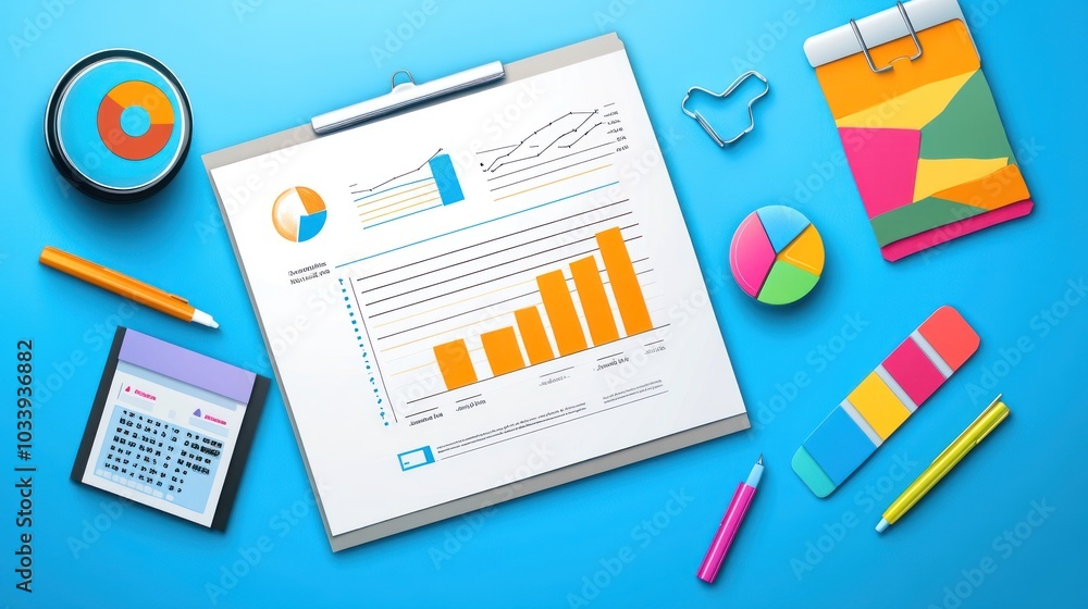 Colorful desk setup featuring a clipboard with bar graph charts ...