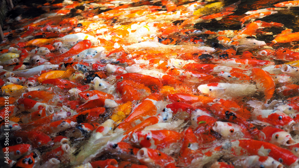 Koi open mouth to be feed. A bustling view of colorful koi fish or ...