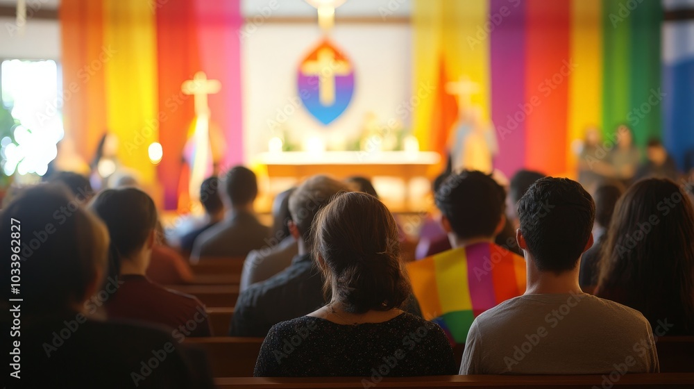 individuals participating in a religious service, with rainbow flags ...