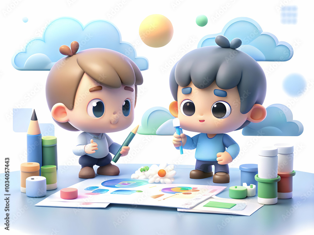 Kids Brainstorming with Creative Tools: Two Creative Kids Using Markers ...