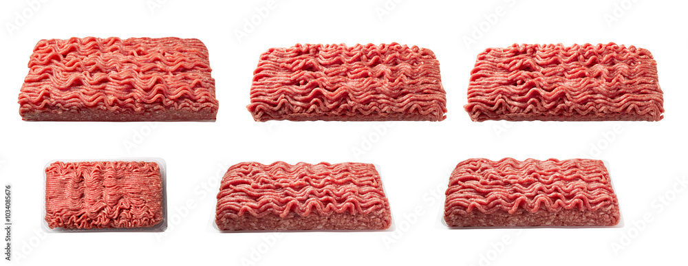 Ground beef on a white isolated background, showcasing various shapes ...