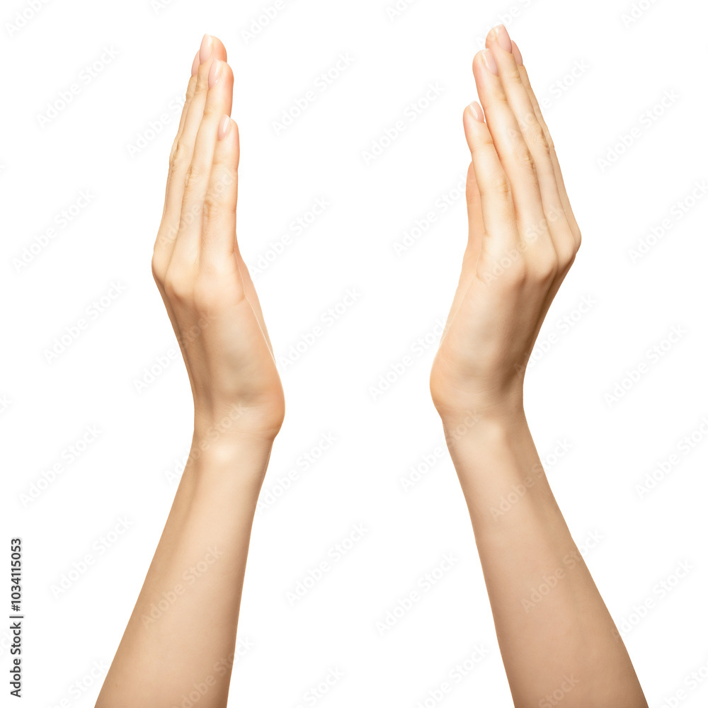 Two hands with open palms face the viewer, slightly tilted towards each ...