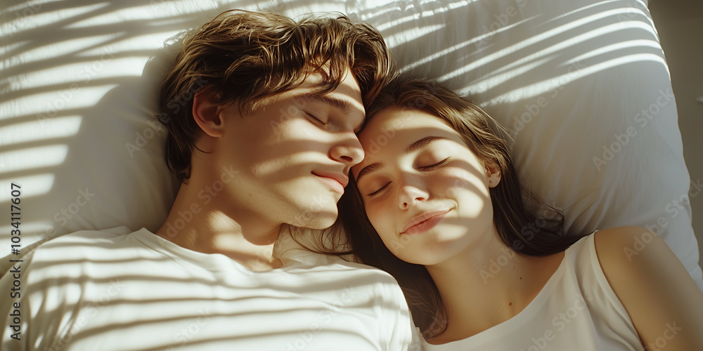 Young loving couple cuddling in bed in the morning. Young man and woman hugging laying on white ...
