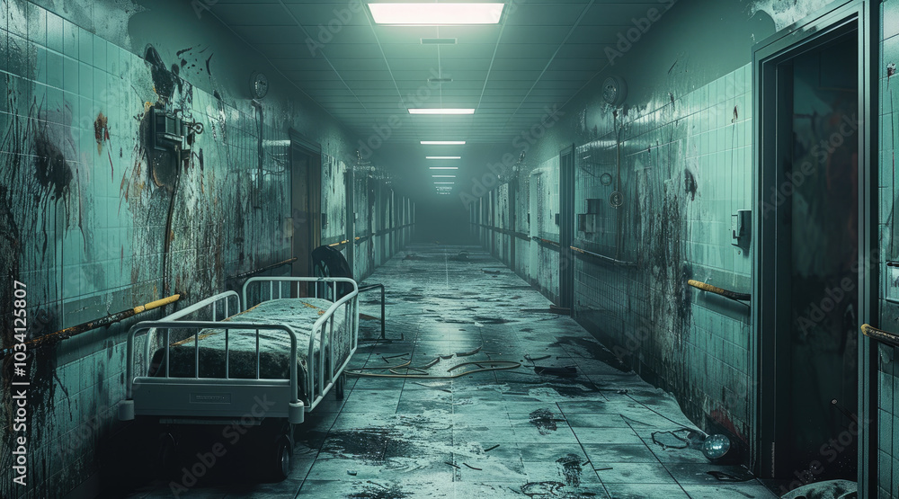 Horror scene of a hospital, with a hospital bed, zombies down the ...