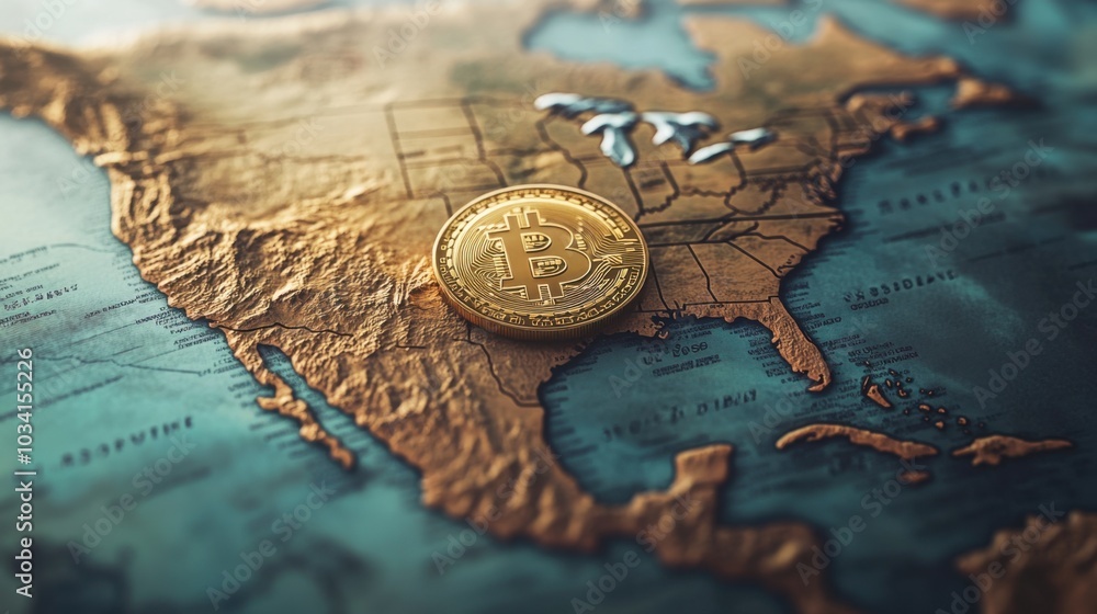 Bitcoin coin placed on the U.S. section of a political map of North ...