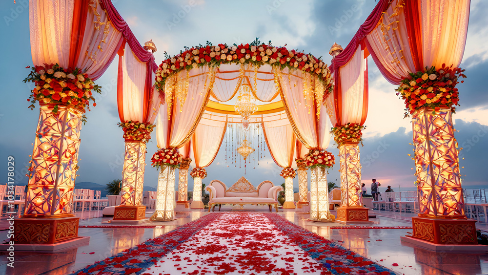 An elaborate wedding ceremony setup with a floral arch, draped fabric ...