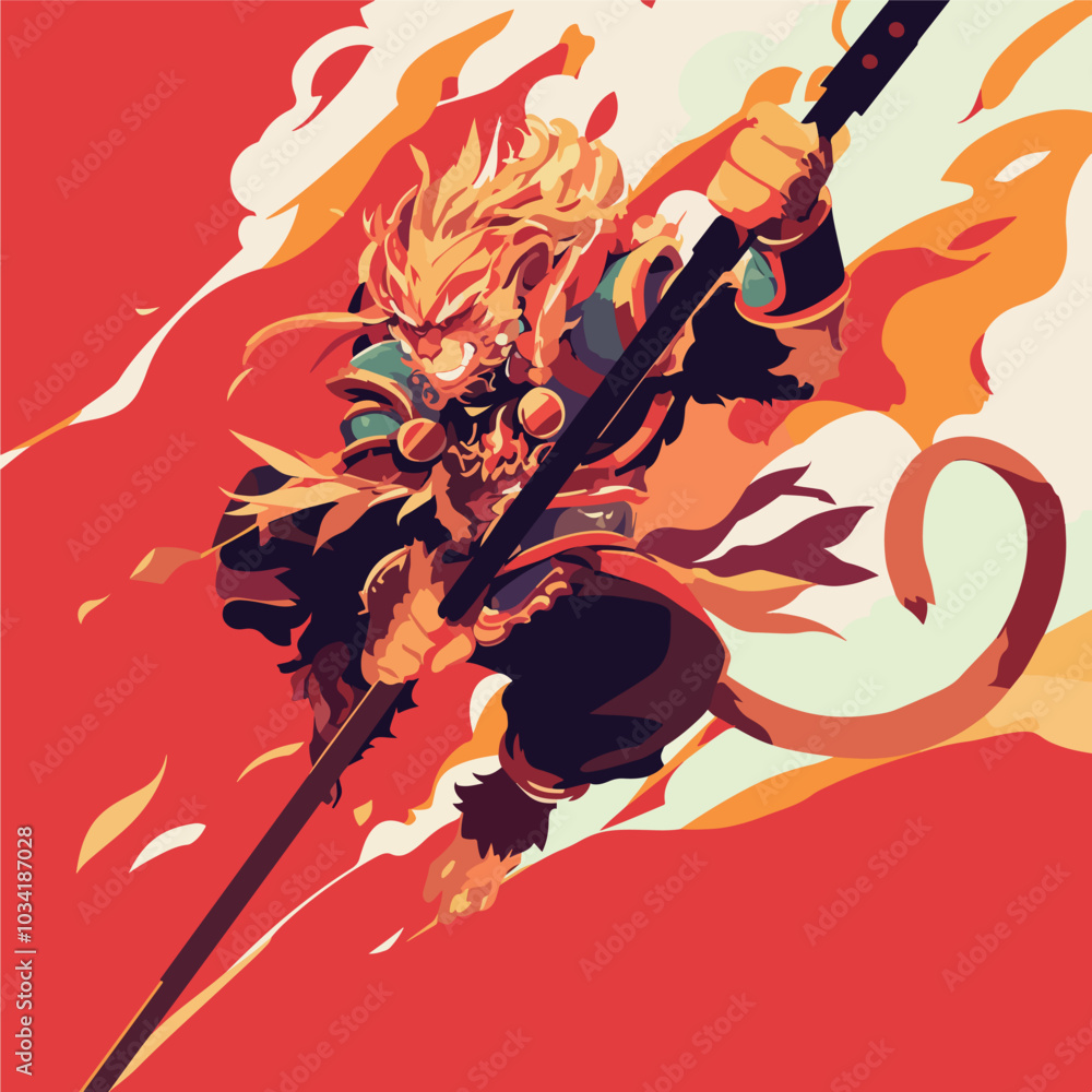Silhouette vector illustration Sun Wukong, Wukong. Sunset. Martial arts ...