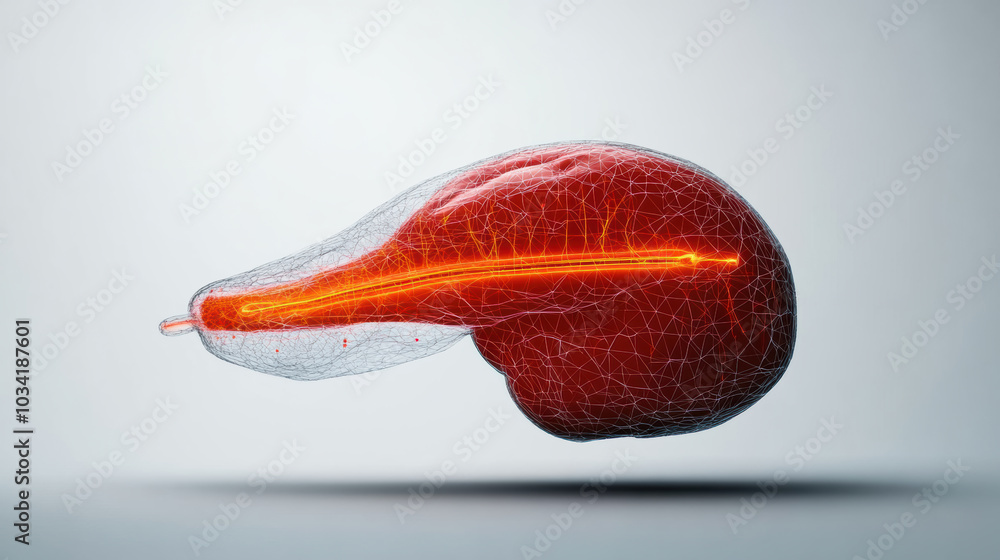 3D model of pancreas with visual indicators of insulin production Stock ...