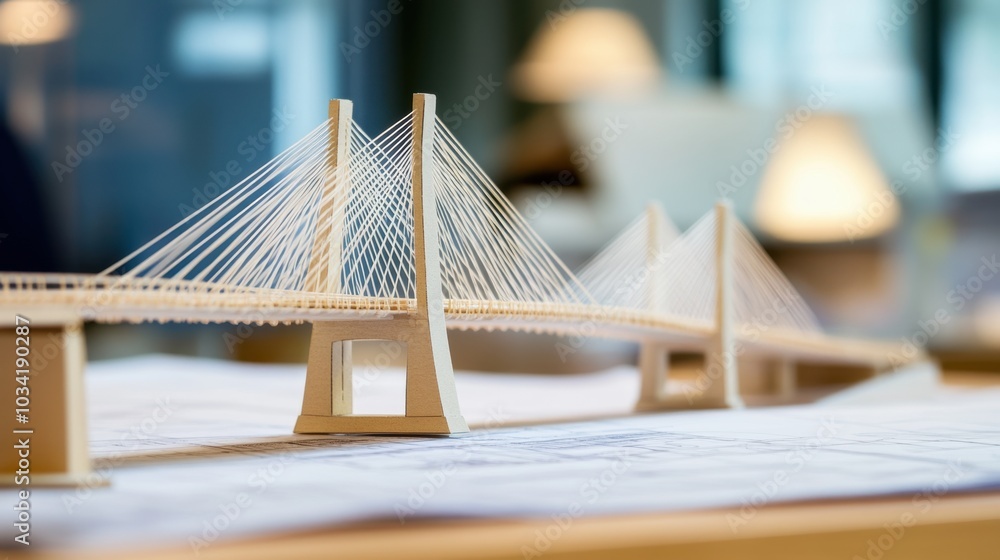 Zoomed view of a miniature bridge model alongside blueprints ...