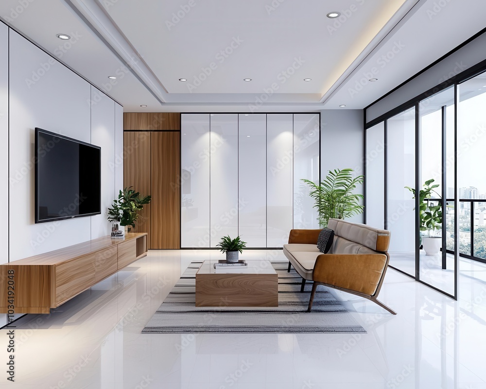 Clean and modern CEO office with glass partitions, minimalist furniture ...
