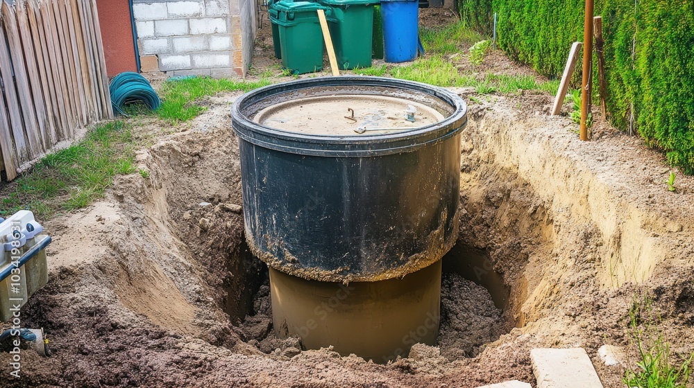 Septic tank being installed underground in a home backyard ...