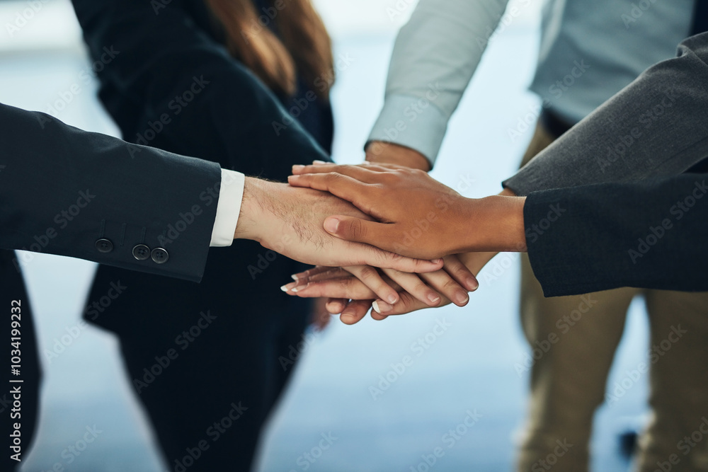 Business people, group or hands in stack for motivation, support or ...