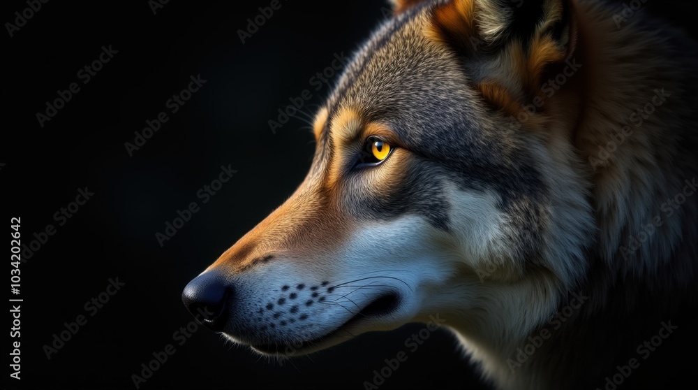 The wolf's face is captured up close, with its side profile filling the ...