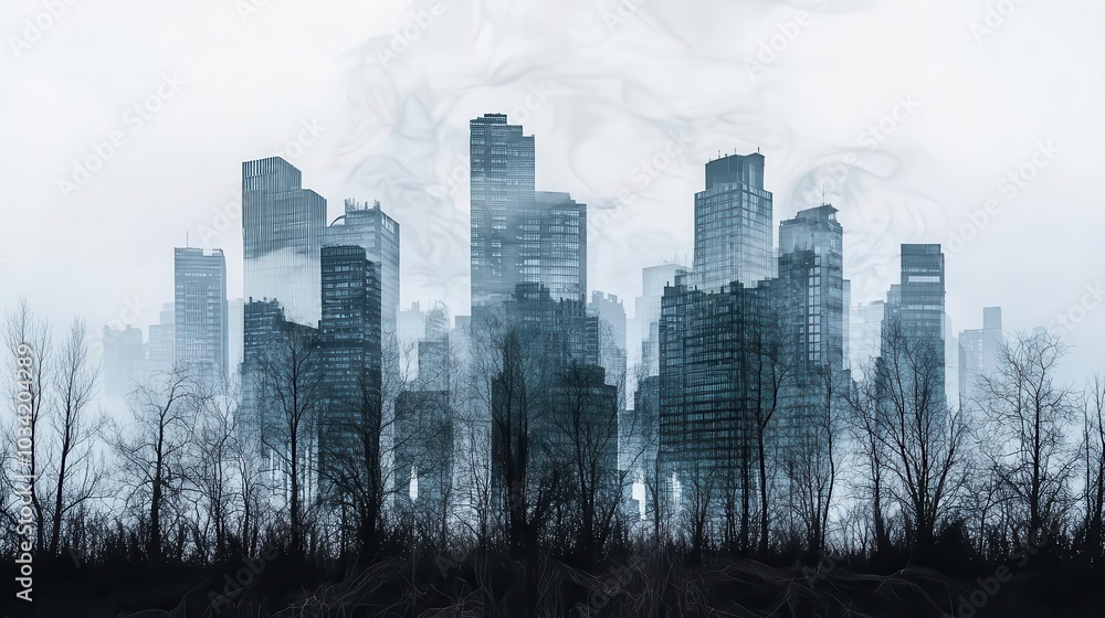 Polluted city skyline surrounded by toxic fumes close up, focus on ...