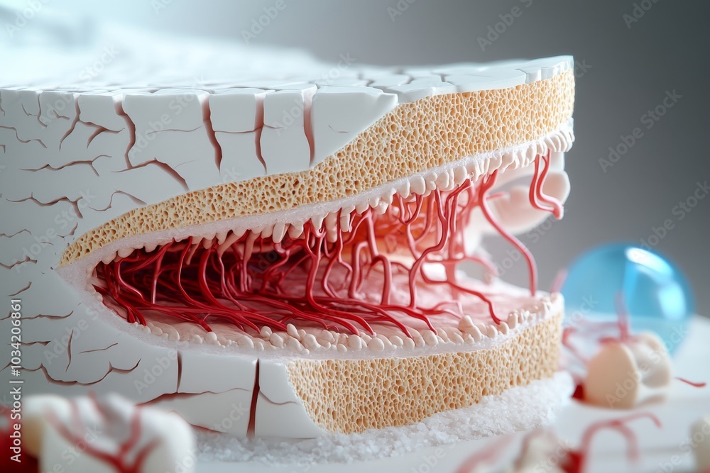 Cross-section of skin layers (epidermis, dermis, hypodermis), with ...