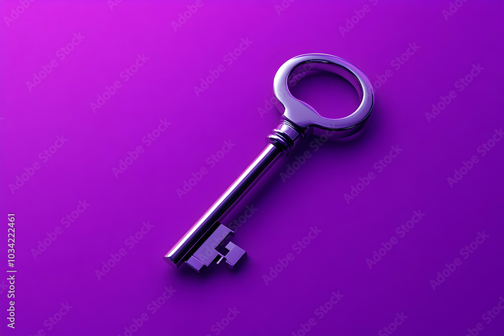 Shiny metallic key on a purple background in a sleek and contemporary ...
