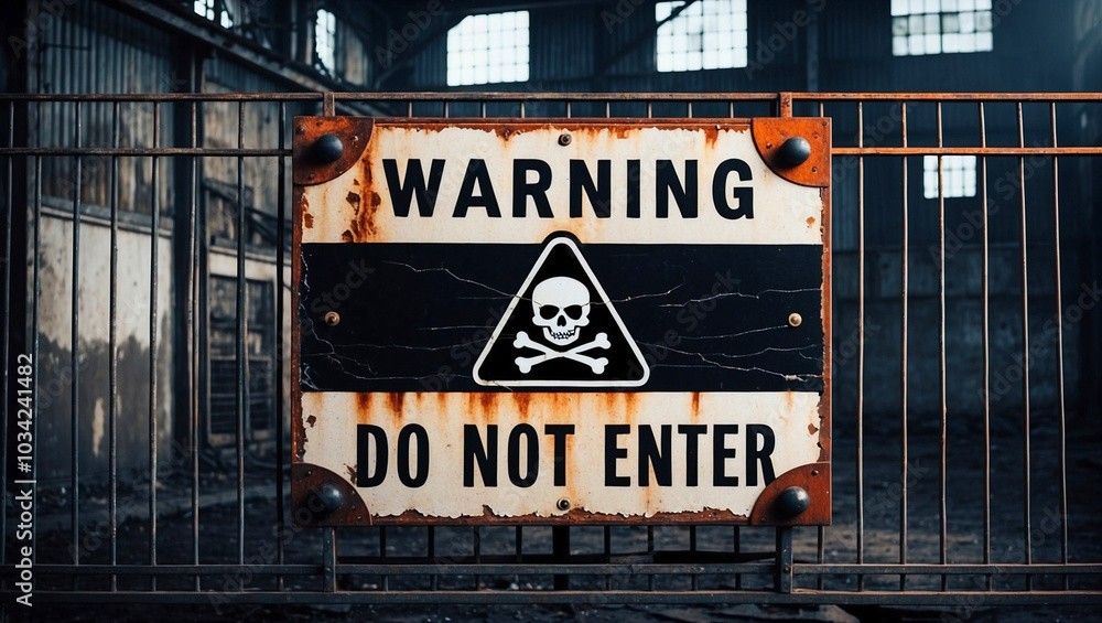 Warning Sign in Abandoned Industrial Setting with Rusted Metal Gate and ...