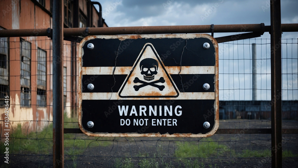 Warning Sign in Abandoned Industrial Setting with Rusted Metal Gate and ...
